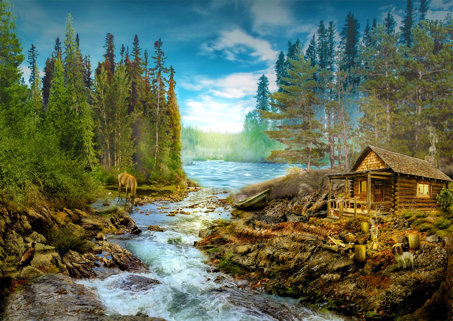 Buy A log cabin by the rapids (1000pcs) Puzzle | Jigsaw Jungle